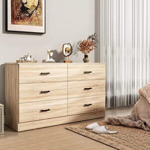 Bigbiglife Wood Dresser for Bedroom, 6 Drawer Double Dresser with Metal Handles, Sturdy and Modern Chest of Drawers (Light Oak)