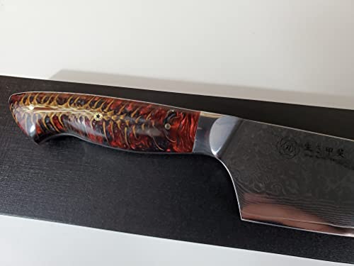 Custom VG10 Damascus chef knife Hybrid Santoku 9" White Silver cast pine cone handle, kitchen knife w/ 67 layer SS Damascus (Red silver)