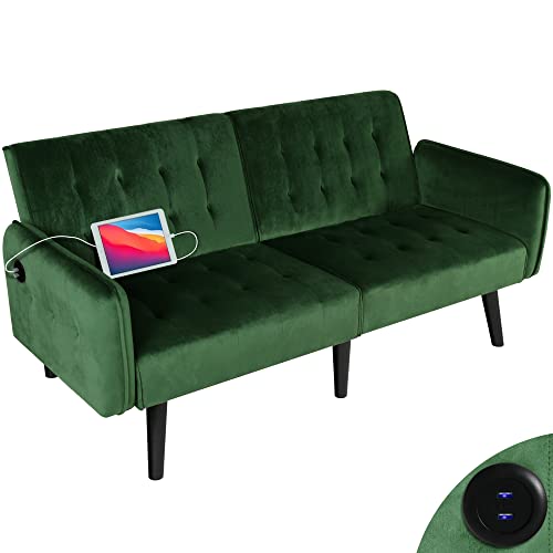 TYBOATLE 65" W Velvet Modern Convertible Folding Futon Couch Sofa Bed w/ 2 USB Charging Ports and arms, Loveseat for Compact Living Space, Dorm, Game Studio, Bonus Room, Apartment, Bedroom (Green)