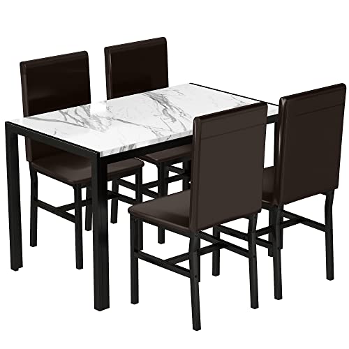 AWQM Dining Table Set for 4, Modern Kitchen Table and Chairs Set, Faux Marble Tabletop and 4 PU Leather Upholstered Chairs Dining Set for Living Room, Kitchen, Dining, Compact Space - White