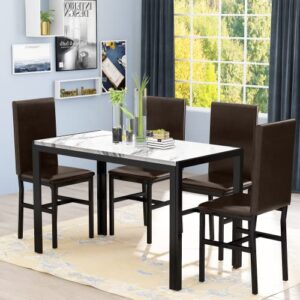 AWQM Dining Table Set for 4, Modern Kitchen Table and Chairs Set, Faux Marble Tabletop and 4 PU Leather Upholstered Chairs Dining Set for Living Room, Kitchen, Dining, Compact Space - White