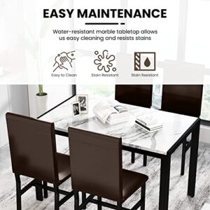 AWQM Dining Table Set for 4, Modern Kitchen Table and Chairs Set, Faux Marble Tabletop and 4 PU Leather Upholstered Chairs Dining Set for Living Room, Kitchen, Dining, Compact Space - White