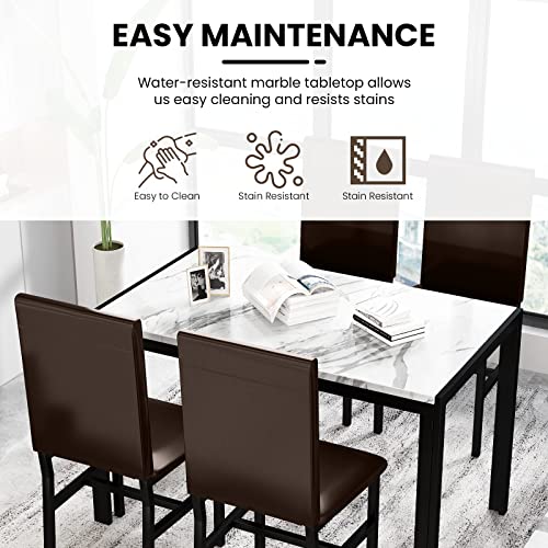 AWQM Dining Table Set for 4, Modern Kitchen Table and Chairs Set, Faux Marble Tabletop and 4 PU Leather Upholstered Chairs Dining Set for Living Room, Kitchen, Dining, Compact Space - White