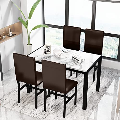 AWQM Dining Table Set for 4, Modern Kitchen Table and Chairs Set, Faux Marble Tabletop and 4 PU Leather Upholstered Chairs Dining Set for Living Room, Kitchen, Dining, Compact Space - White