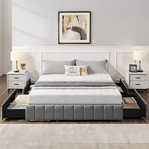 Yaheetech Platform Bed Frame with 4 Storage Drawers, Upholstered Bed Frame with Strong Wooden Slats/Mattress Foundation/No Fixed Headboard/No Box Spring Needed/Large Storage Space,Dark Grey-Queen