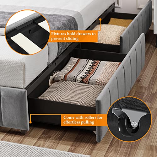 Yaheetech Platform Bed Frame with 4 Storage Drawers, Upholstered Bed Frame with Strong Wooden Slats/Mattress Foundation/No Fixed Headboard/No Box Spring Needed/Large Storage Space,Dark Grey-Queen