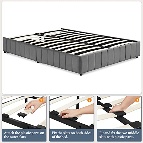 Yaheetech Platform Bed Frame with 4 Storage Drawers, Upholstered Bed Frame with Strong Wooden Slats/Mattress Foundation/No Fixed Headboard/No Box Spring Needed/Large Storage Space,Dark Grey-Queen