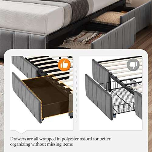 Yaheetech Platform Bed Frame with 4 Storage Drawers, Upholstered Bed Frame with Strong Wooden Slats/Mattress Foundation/No Fixed Headboard/No Box Spring Needed/Large Storage Space,Dark Grey-Queen