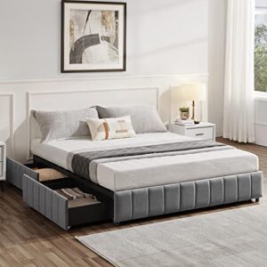 Yaheetech Platform Bed Frame with 4 Storage Drawers, Upholstered Bed Frame with Strong Wooden Slats/Mattress Foundation/No Fixed Headboard/No Box Spring Needed/Large Storage Space,Dark Grey-Queen