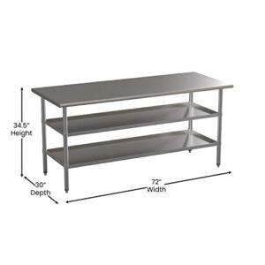 Flash Furniture Stainless Steel 18 Gauge Work Table with 2 Undershelves - 72" W x 30" D x 34.5" H, NSF