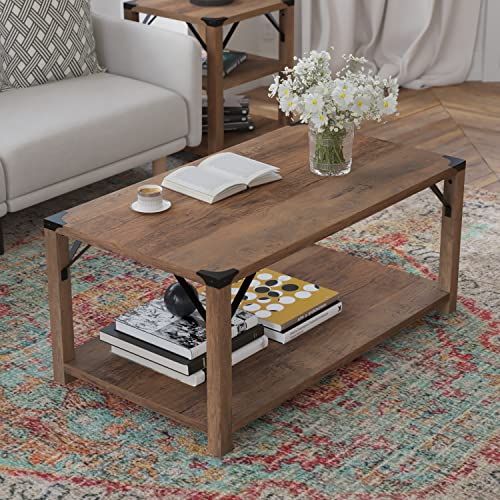 Flash Furniture Wyatt Modern Farmhouse Wooden 2 Tier Coffee Table with Metal Corner Accents and Cross Bracing, Set of 1, Rustic Oak