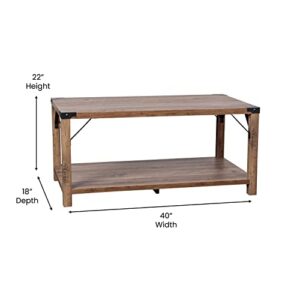 Flash Furniture Wyatt Modern Farmhouse Wooden 2 Tier Coffee Table with Metal Corner Accents and Cross Bracing, Set of 1, Rustic Oak