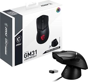 msi clutch gm31 lightweight wireless ergonomic gaming mouse & charging dock, 12k dpi optical sensor, 60m omron switches, fast-charging 110hr battery, rgb mystic light, 5 programmable buttons, pc/mac