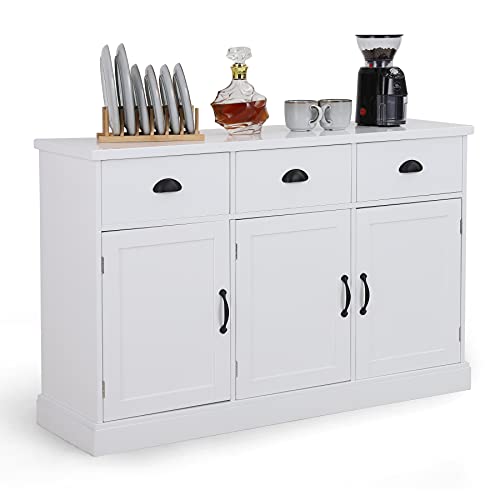 MAISON ARTS White Buffet Cabinet with Storage Kitchen Sideboard with 3 Doors & 3 Drawers Farmhouse Buffet Server Bar Cabinet Console Table for Dining Living Room Decorative Cupboard, White