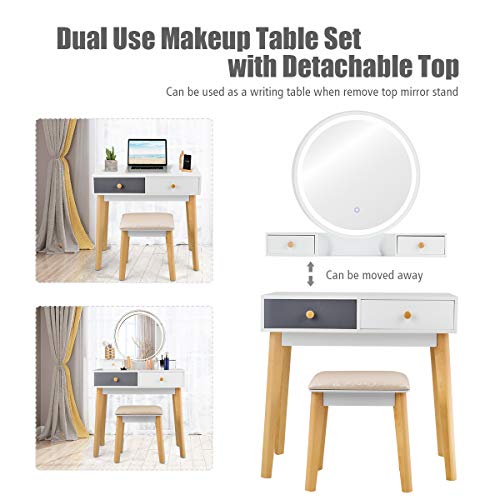 CHARMAID Vanity Set with Lighted Mirror, 3 Color-Touch Screen Dimming Mirror, Adjustable Brightness, Bedroom Vanity Makeup Dressing Table with 4 Drawers and Cushioned Stool for Girls Women