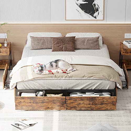 LIKIMIO Queen Bed Frame with Storage, 4 Drawers and Heavy Strong Metal Support Frames, Solid Stable, Noise-Free, No Box Spring Needed, Easy Assembly