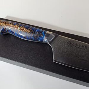 Custom VG10 Damascus chef knife Hybrid Santoku 9" White Silver cast pine cone handle, kitchen knife w/ 67 layer SS Damascus (Blue SIlver)