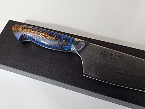 Custom VG10 Damascus chef knife Hybrid Santoku 9" White Silver cast pine cone handle, kitchen knife w/ 67 layer SS Damascus (Blue SIlver)