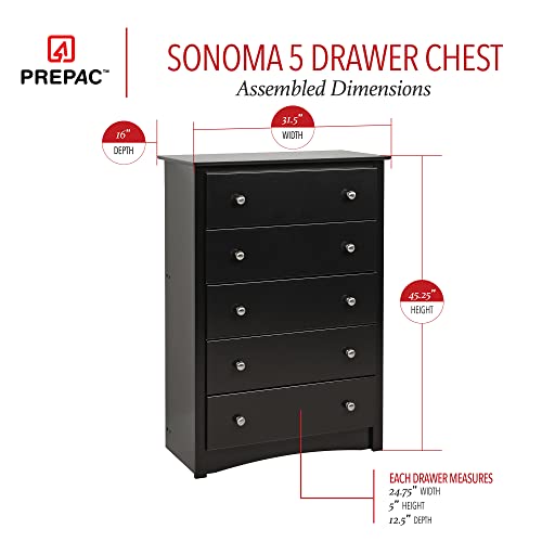 Prepac Sonoma 5-Drawer Chest for Bedroom, 16" D x 31.5" W x 45.25" H, Black