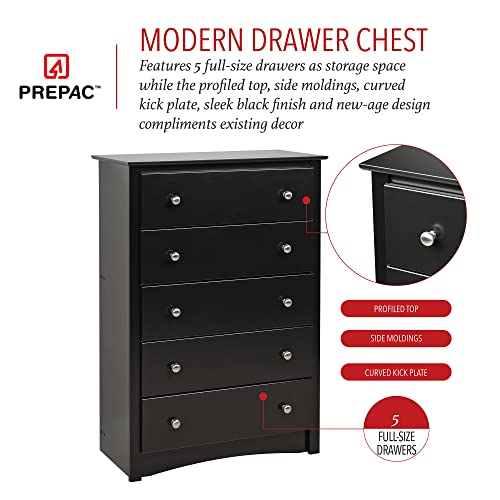 Prepac Sonoma 5-Drawer Chest for Bedroom, 16" D x 31.5" W x 45.25" H, Black