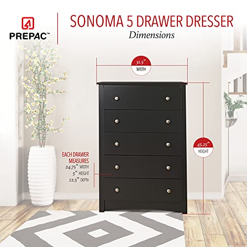 Prepac Sonoma 5-Drawer Chest for Bedroom, 16" D x 31.5" W x 45.25" H, Black