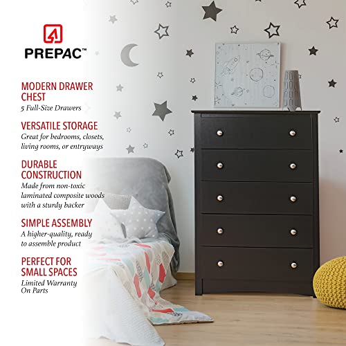 Prepac Sonoma 5-Drawer Chest for Bedroom, 16" D x 31.5" W x 45.25" H, Black