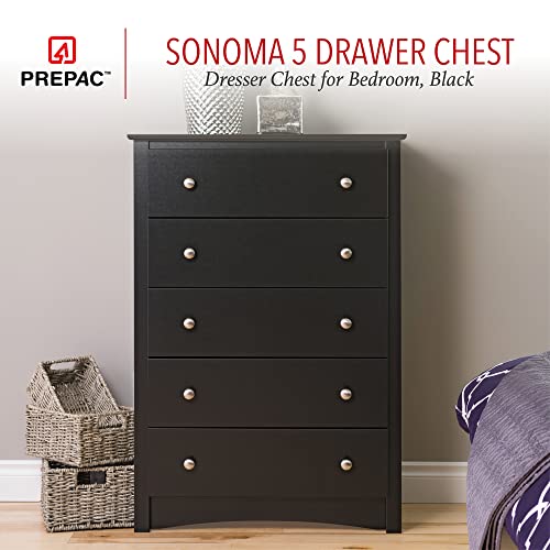 Prepac Sonoma 5-Drawer Chest for Bedroom, 16" D x 31.5" W x 45.25" H, Black