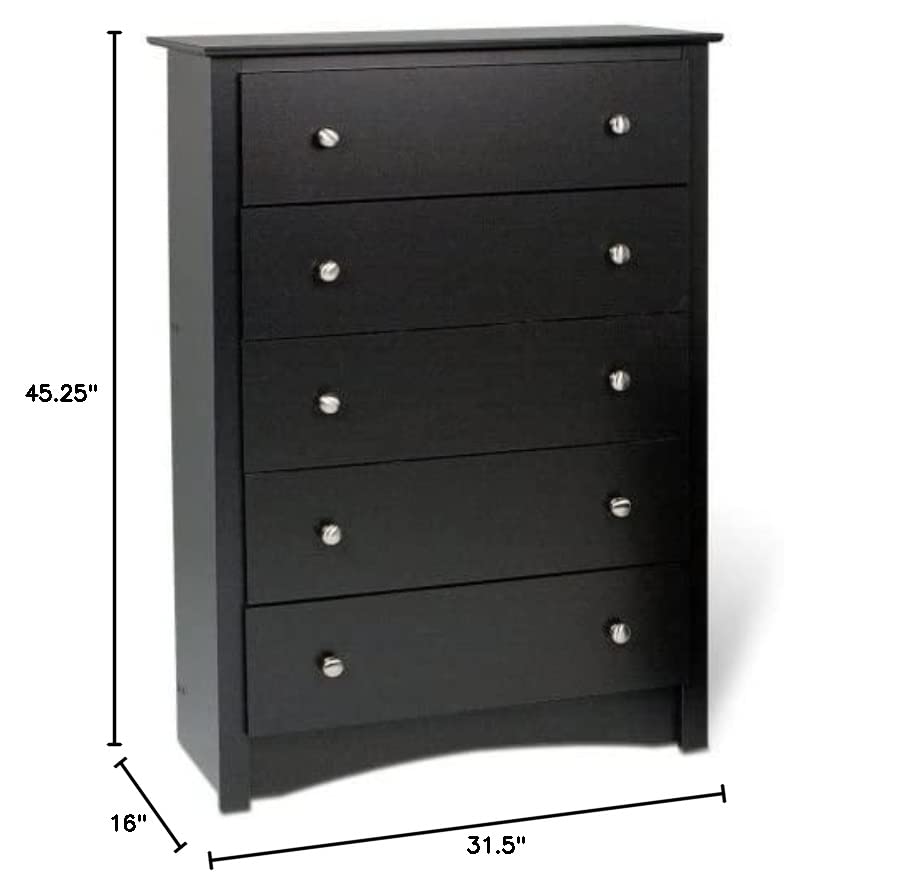 Prepac Sonoma 5-Drawer Chest for Bedroom, 16" D x 31.5" W x 45.25" H, Black