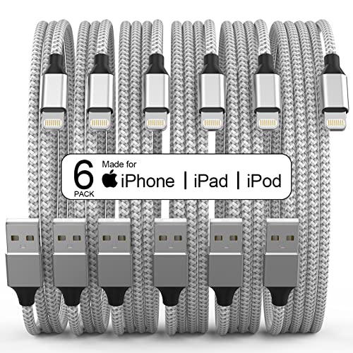 [Apple MFi Certified] 6Pack 3/3/6/6/6/10 FT iPhone Charger Long Lightning Cable Fast Charging Cord High Speed Data Sync Compatible iPhone 14/13/12/11 Pro Max/XS MAX/XR/XS/X/8/7/Plus iPad(Silver&White)