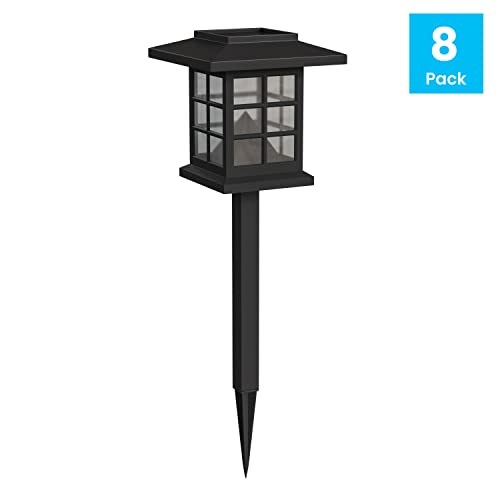 Flash Furniture DN-SL106-8-BK-GG 8 Pack Lantern Style LED Weather Resistant Outdoor Solar Powered Lights for Pathway, Garden, & Yard, Black