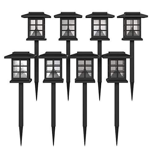 Flash Furniture DN-SL106-8-BK-GG 8 Pack Lantern Style LED Weather Resistant Outdoor Solar Powered Lights for Pathway, Garden, & Yard, Black