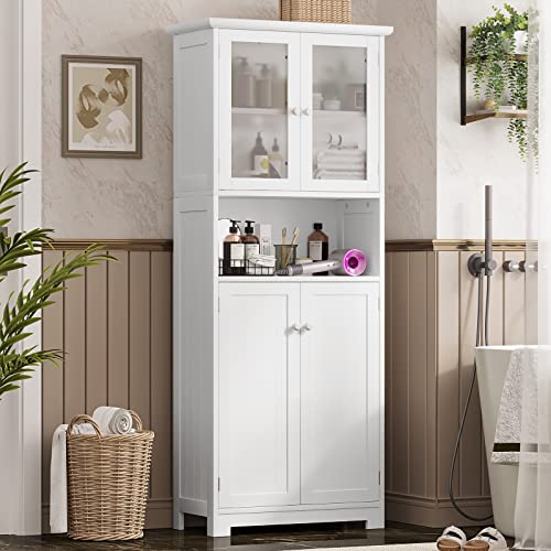 Tiptiper Tall Bathroom Storage Cabinet, Large Floor Cabinet with Open Compartments and 2 Cabinets with Doors, 64” Height Freestanding Linen Tower Cabinet, for Home Kitchen, Living Room, White