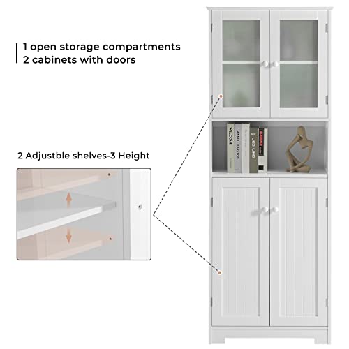 Tiptiper Tall Bathroom Storage Cabinet, Large Floor Cabinet with Open Compartments and 2 Cabinets with Doors, 64” Height Freestanding Linen Tower Cabinet, for Home Kitchen, Living Room, White