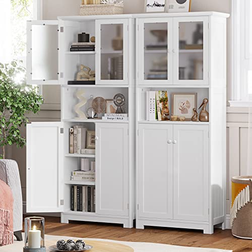 Tiptiper Tall Bathroom Storage Cabinet, Large Floor Cabinet with Open Compartments and 2 Cabinets with Doors, 64” Height Freestanding Linen Tower Cabinet, for Home Kitchen, Living Room, White