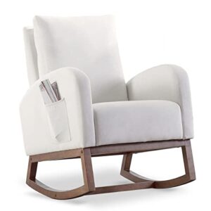 Rocking Chair Nursery Glider Rocker Chair High Backrest Upholstered Velvet Accent Armchair with Side Pocket for Living Room Bedroom Office (Cream)