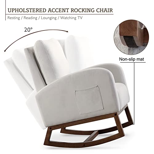 Rocking Chair Nursery Glider Rocker Chair High Backrest Upholstered Velvet Accent Armchair with Side Pocket for Living Room Bedroom Office (Cream)