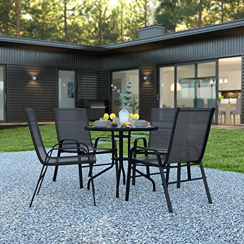 Flash Furniture 4 Black Flex Comfort Stack Chairs, 31.5" Round Tempered Glass Patio Table