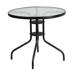 Flash Furniture 4 Black Flex Comfort Stack Chairs, 31.5" Round Tempered Glass Patio Table