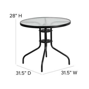 Flash Furniture 4 Black Flex Comfort Stack Chairs, 31.5" Round Tempered Glass Patio Table