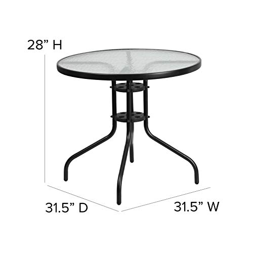 Flash Furniture 4 Black Flex Comfort Stack Chairs, 31.5" Round Tempered Glass Patio Table