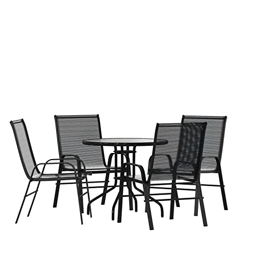 Flash Furniture 4 Black Flex Comfort Stack Chairs, 31.5" Round Tempered Glass Patio Table