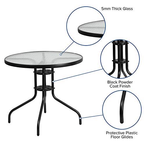 Flash Furniture 4 Black Flex Comfort Stack Chairs, 31.5" Round Tempered Glass Patio Table