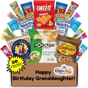 Hangry Kit Birthday Snack Box for Your Grand Daughter - (20 count) Happy Birthday Gift Basket Care Package - Contains Birthday Snacks, Cookies, Chips, Candy. Party Variety Gift Box.