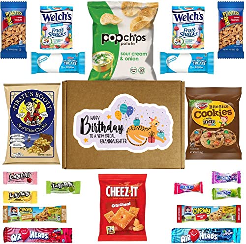 Hangry Kit Birthday Snack Box for Your Grand Daughter - (20 count) Happy Birthday Gift Basket Care Package - Contains Birthday Snacks, Cookies, Chips, Candy. Party Variety Gift Box.