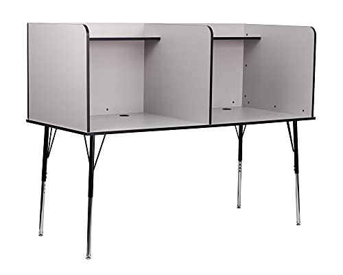 Flash Furniture Study Carrel - Nebula Grey Finish with Top Shelf - Double Wide - Height Adjustable Legs - Wire Management Grommet