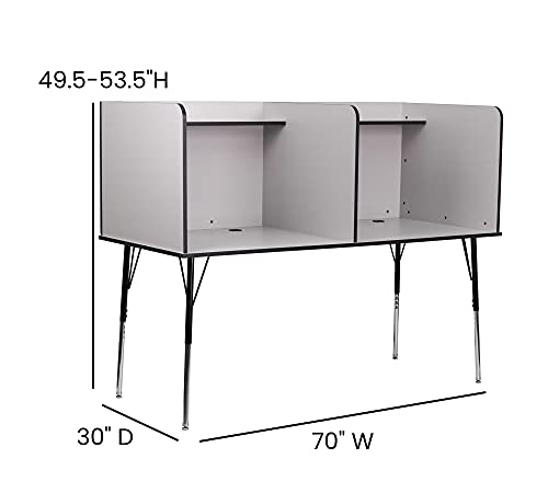 Flash Furniture Study Carrel - Nebula Grey Finish with Top Shelf - Double Wide - Height Adjustable Legs - Wire Management Grommet