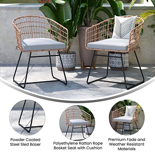 Flash Furniture Devon Set of 2 Indoor/Outdoor Patio Boho Club Chairs, Rope with PE Wicker Rattan, Cushions and Sled Base, Natural/Light Gray