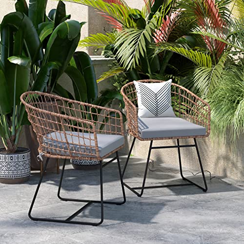 Flash Furniture Devon Set of 2 Indoor/Outdoor Patio Boho Club Chairs, Rope with PE Wicker Rattan, Cushions and Sled Base, Natural/Light Gray