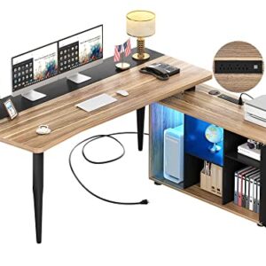 Unikito L Shaped Desk with Power Outlet and LED Light, 55 inch Executive Desk, Large L-Shaped Office Desk with Door, Corner Computer Desk with Lateral File Cabinet, Home Office Desk, Walnut and Black