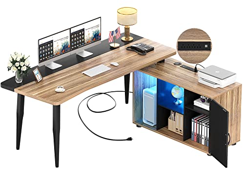 Unikito L Shaped Desk with Power Outlet and LED Light, 55 inch Executive Desk, Large L-Shaped Office Desk with Door, Corner Computer Desk with Lateral File Cabinet, Home Office Desk, Walnut and Black